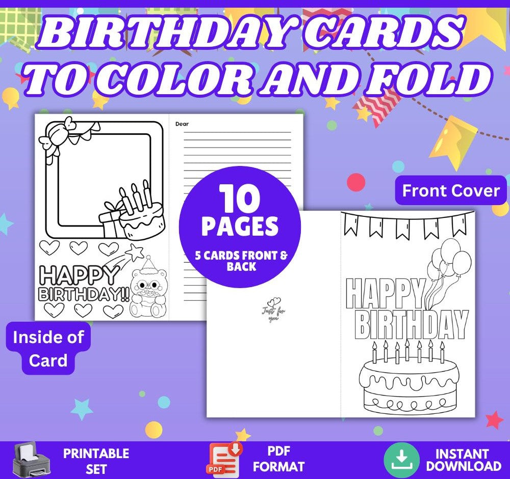 Printable Birthday Cards to Color & Fold – 10 Fun Designs – Arts Crafts ...