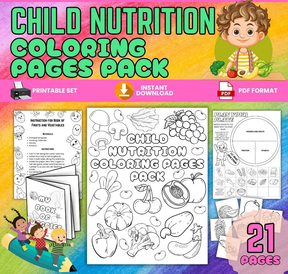 Child Nutrition Coloring Pages & Books – 21 Pages – Arts Crafts Learning