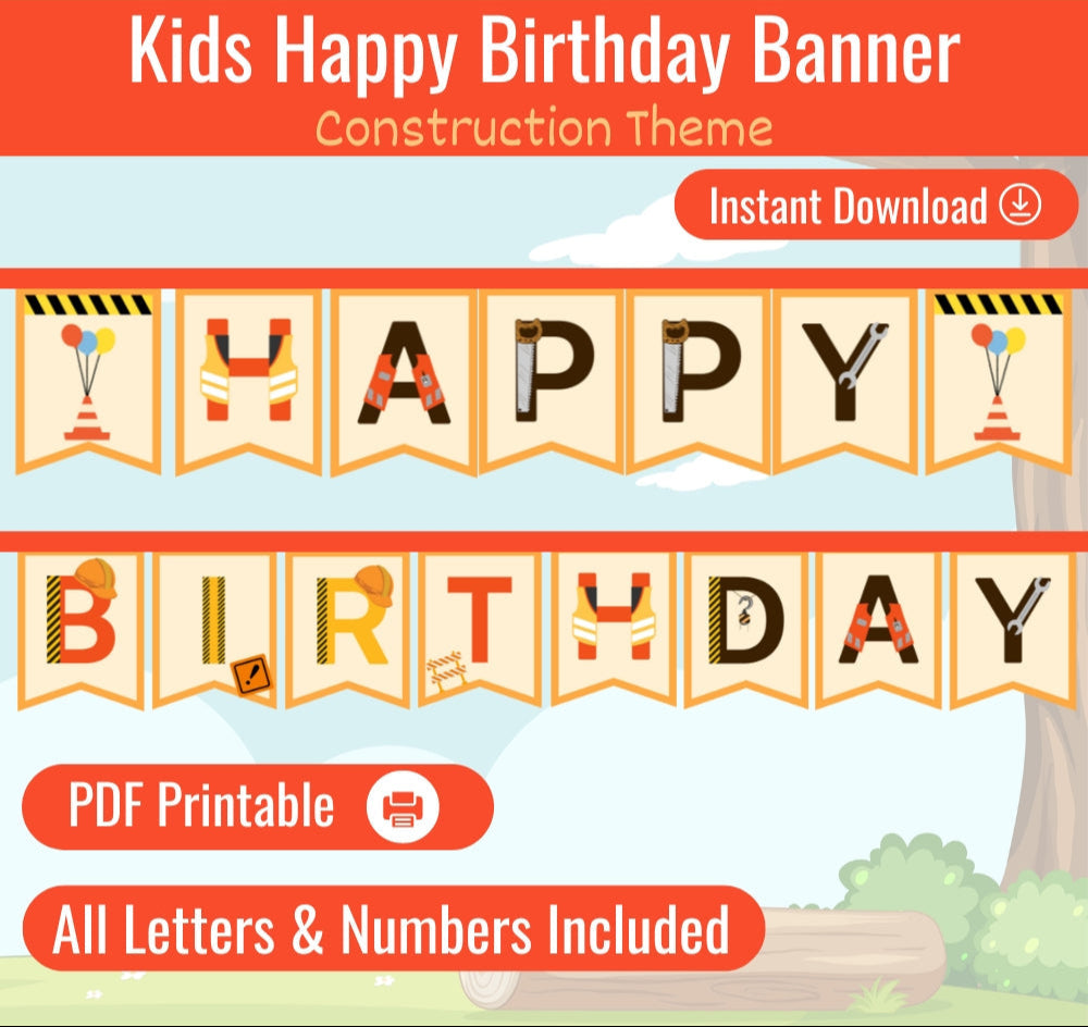 Kids Construction Birthday Banner – Printable Party Décor – Arts Crafts ...