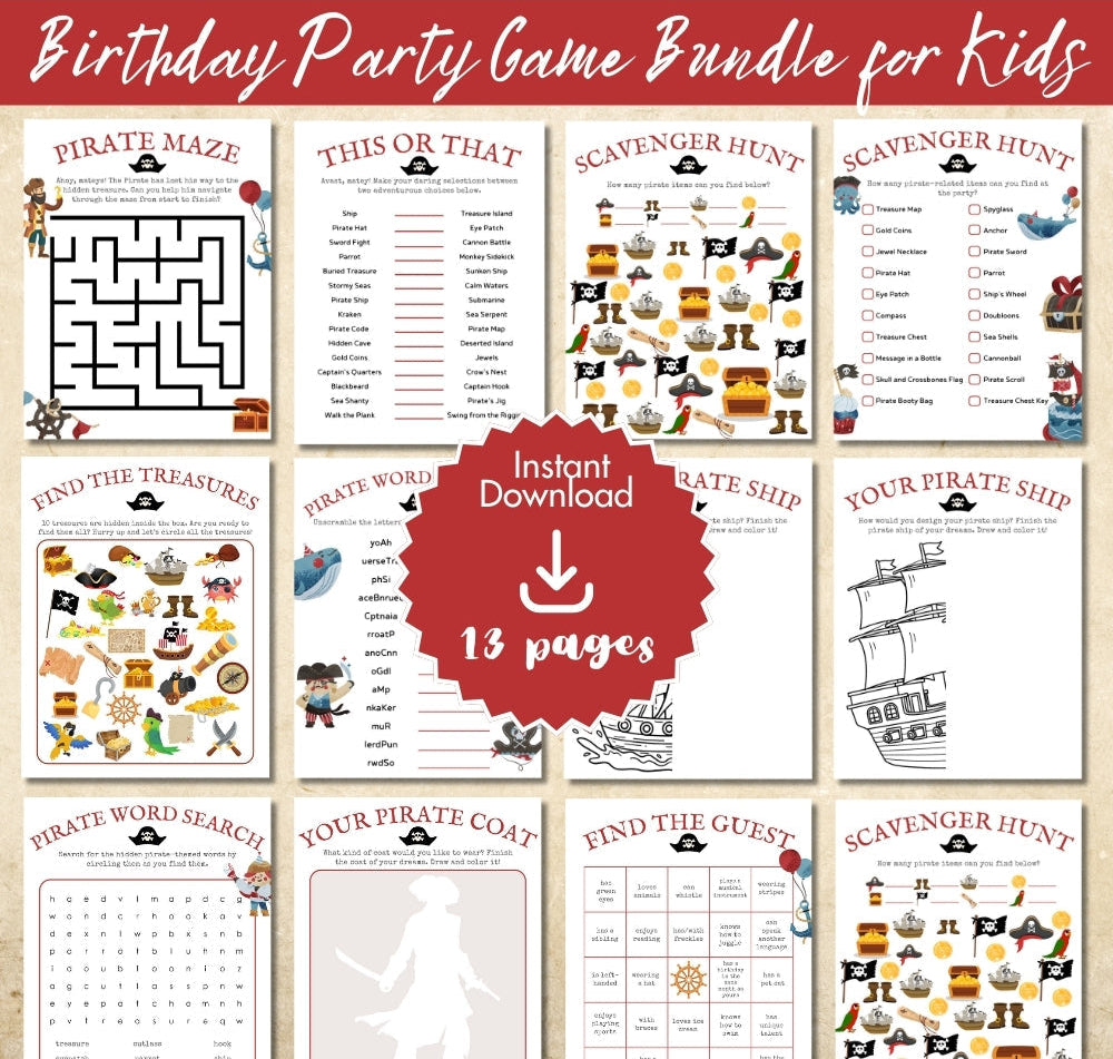 Pirate Birthday Party Game Bundle – Printable Fun – Arts Crafts Learning