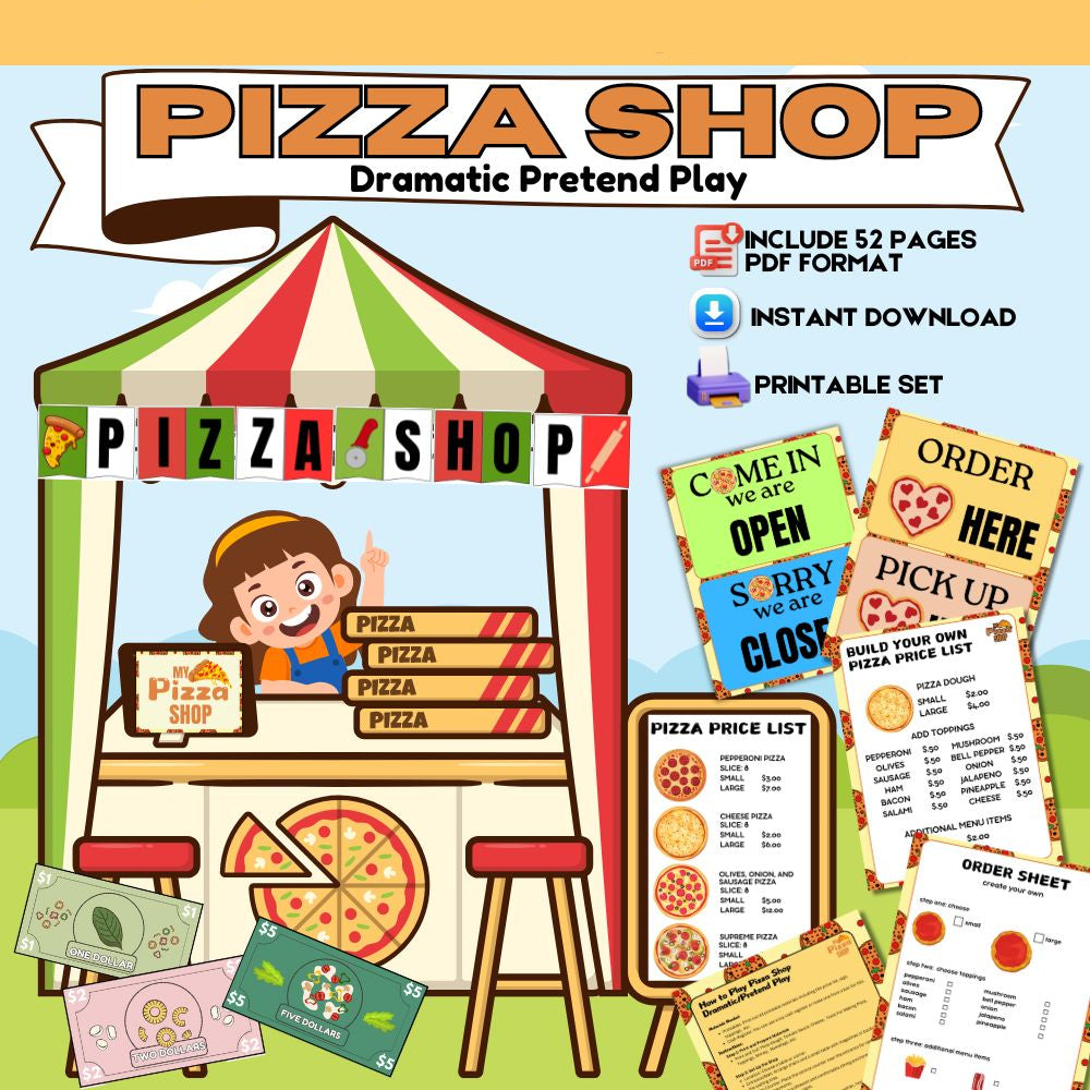 Pizza Shop Pretend Play Printables – 52 Page Set – Arts Crafts Learning