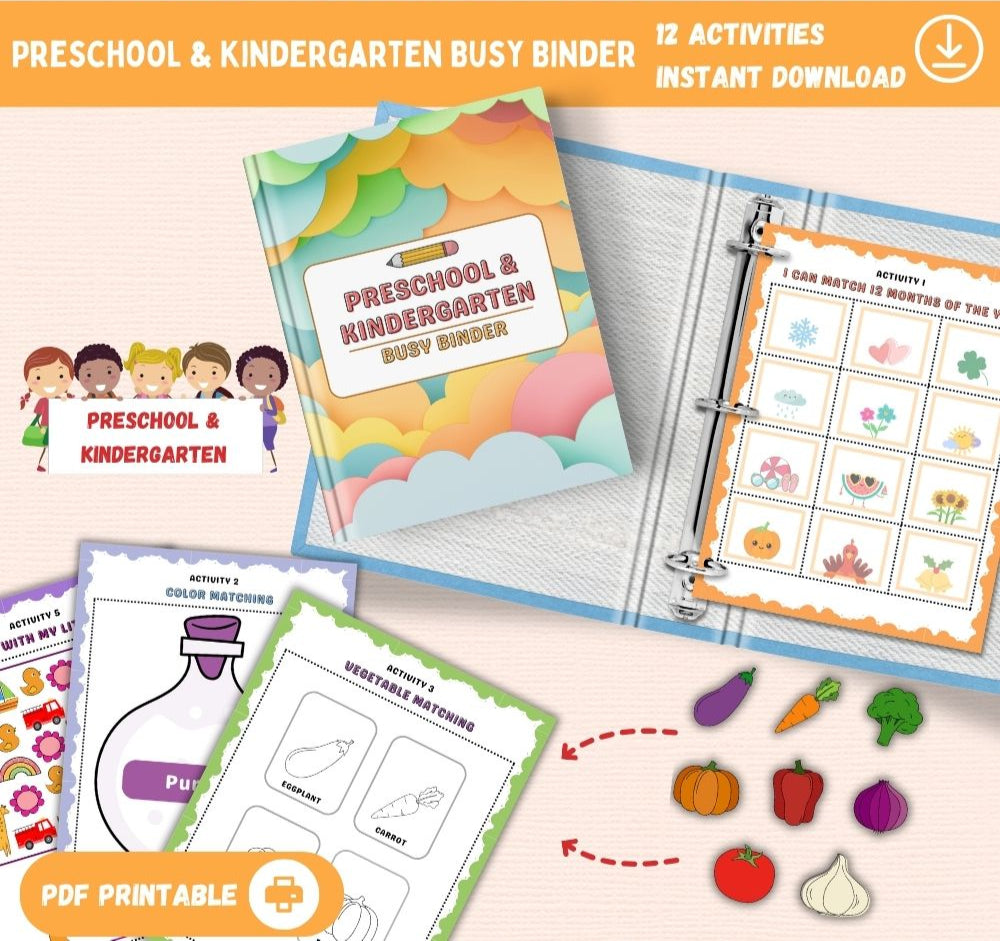 Preschool & Kindergarten Busy Binder – 12 Activities – Arts Crafts Learning