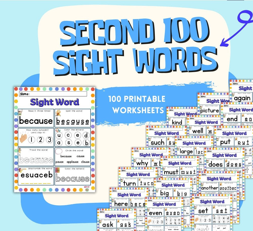 Second 100 Sight Words Worksheets – Printable Pack – Arts Crafts Learning