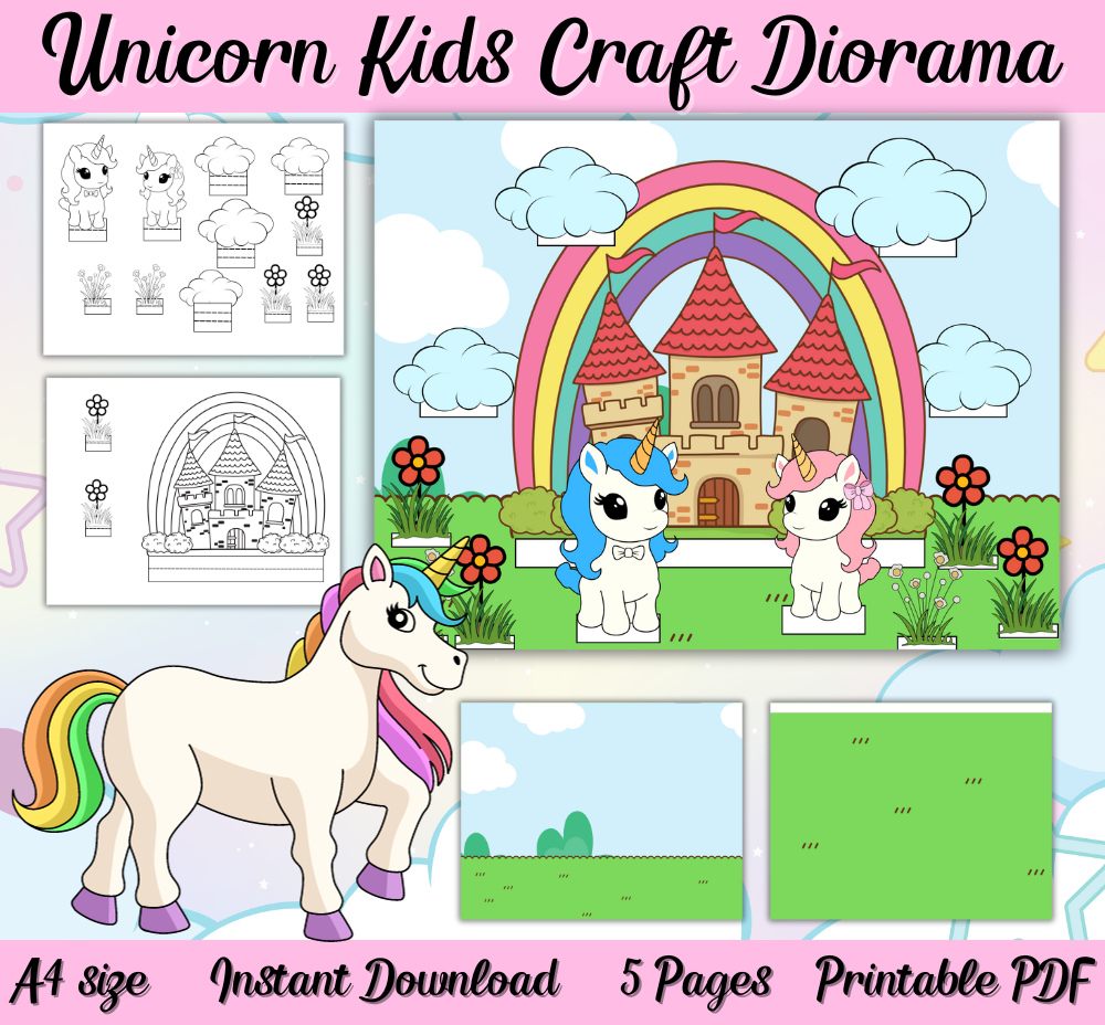 Unicorn Kids Craft Diorama – Magical Printable Set – Arts Crafts Learning