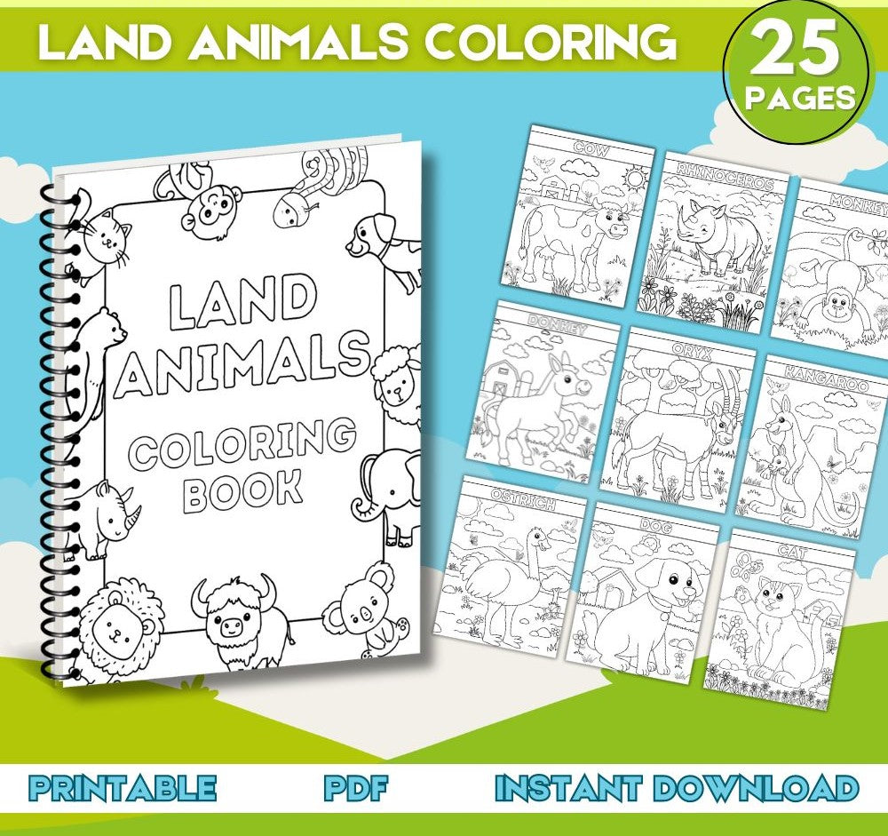 Land Animals Coloring Book – 25 Fun Printable Pages – Arts Crafts Learning