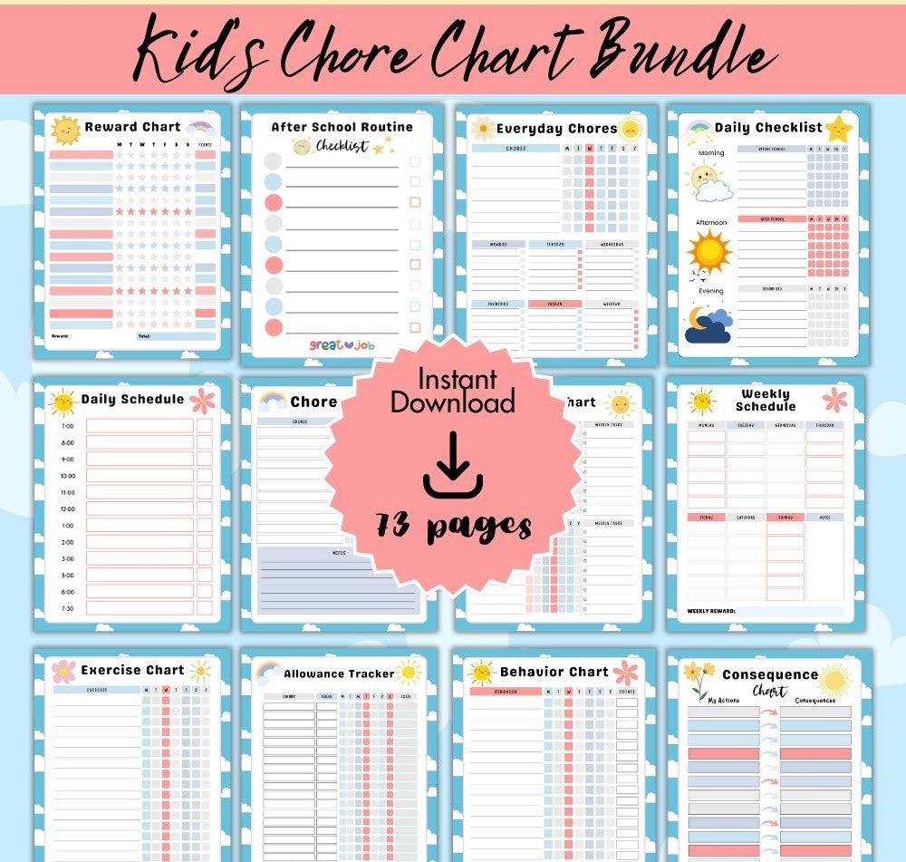 Blue Kids Chore Chart Bundle – 28 Printables – Arts Crafts Learning