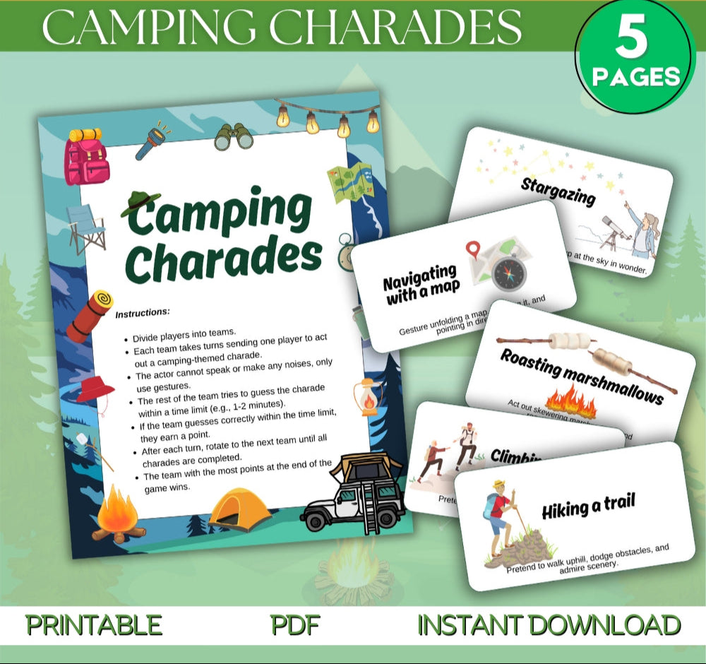 Camping Charades – 40 Printable Outdoor Game Cards – Arts Crafts Learning