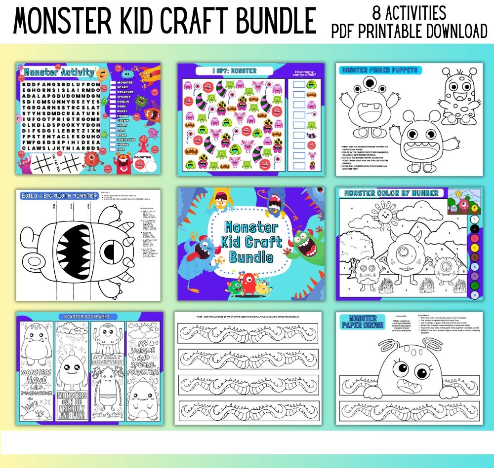 Printable Monsters Kid Craft Bundle – 8 Fun Activities – Arts Crafts ...