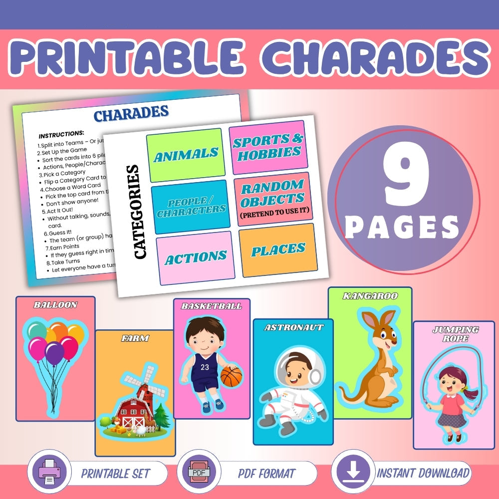 Printable Charades Game – 64 Fun Party Cards – Arts Crafts Learning
