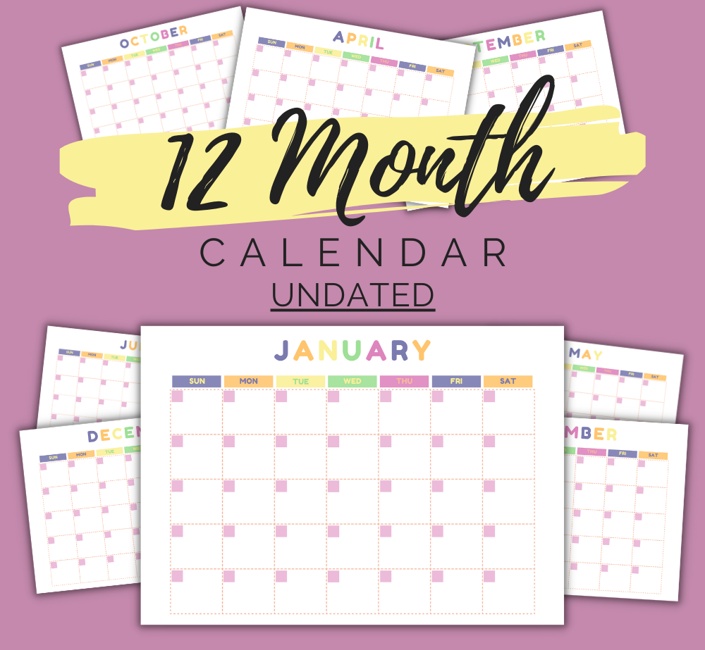 Cheerful Undated Calendar – 12 Pages PDF & Canva – Arts Crafts Learning