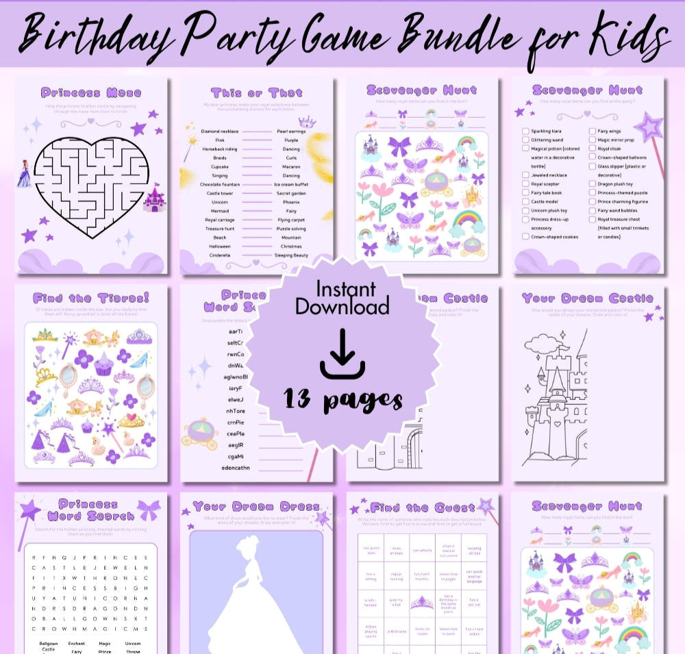 Purple Princess Birthday Party Game Bundle – Printable – Arts Crafts ...