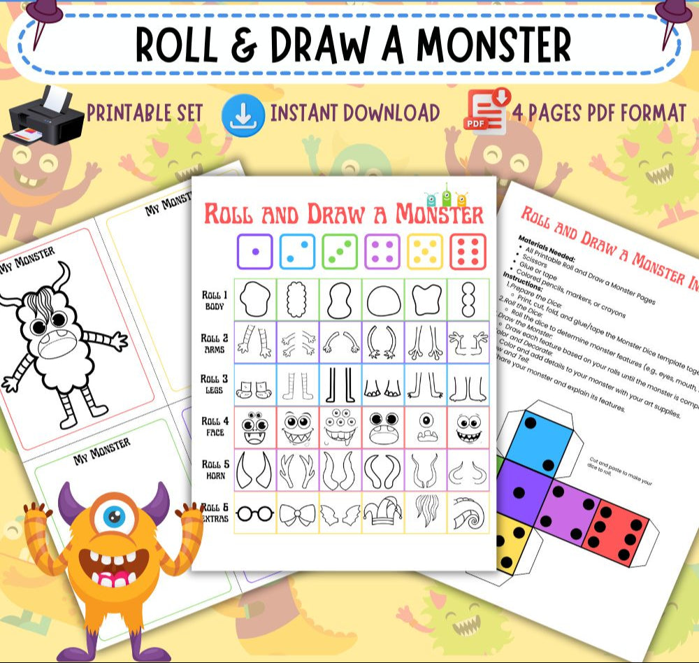 Roll and Draw a Monster – 4-Page Printable Activity – Arts Crafts Learning