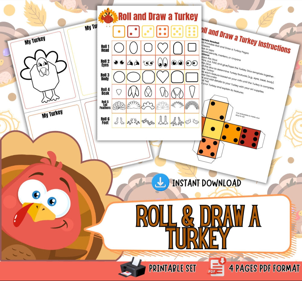 Roll and Draw a Turkey Printable Game for Kids – Arts Crafts Learning