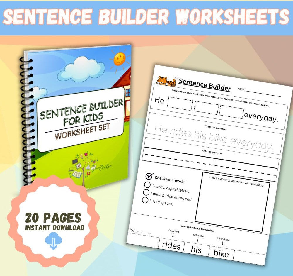 Sentence Builder Worksheets for Kids – 20 Pages – Arts Crafts Learning